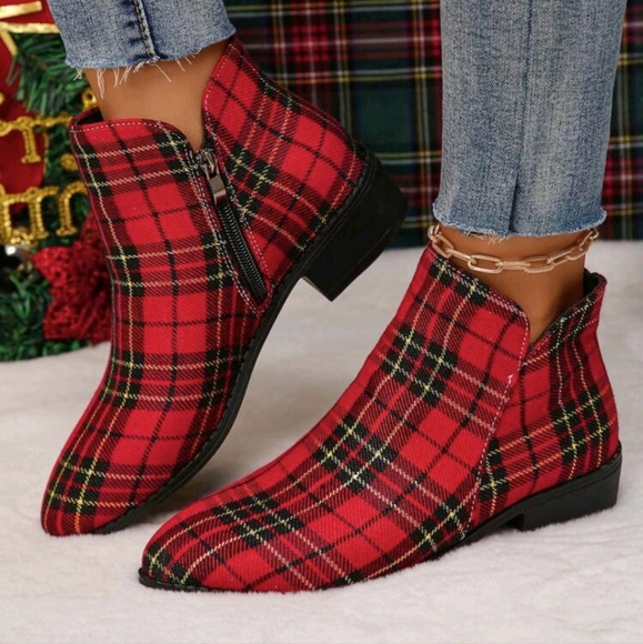 SHEIN | Shoes | New Low Heel Red Plaid Pointed Toe Boots | Poshmark